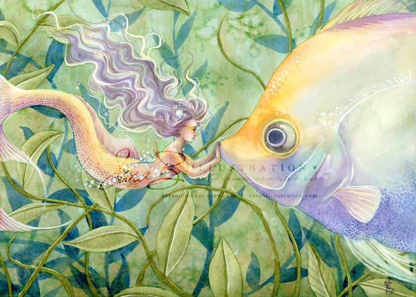 Mermaid Art Print Tiny Mermaid Angel Fish Kiss