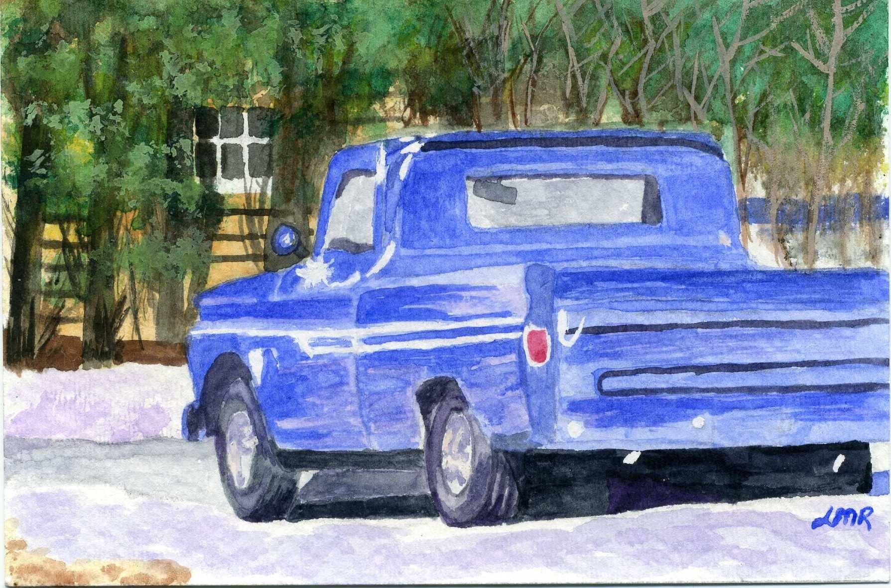Vintage Blue Chevy Truck Watercolor 4 X 6 OSWOA Print