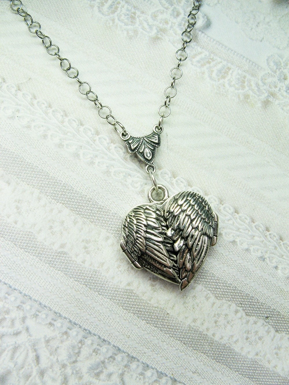 Silver Locket Necklace GUARDIAN ANGEL Silver Angel Wing
