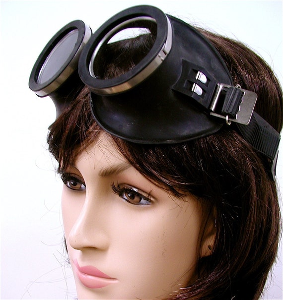 Black Rubber German Steampunk Goggles FREE SHIPPING