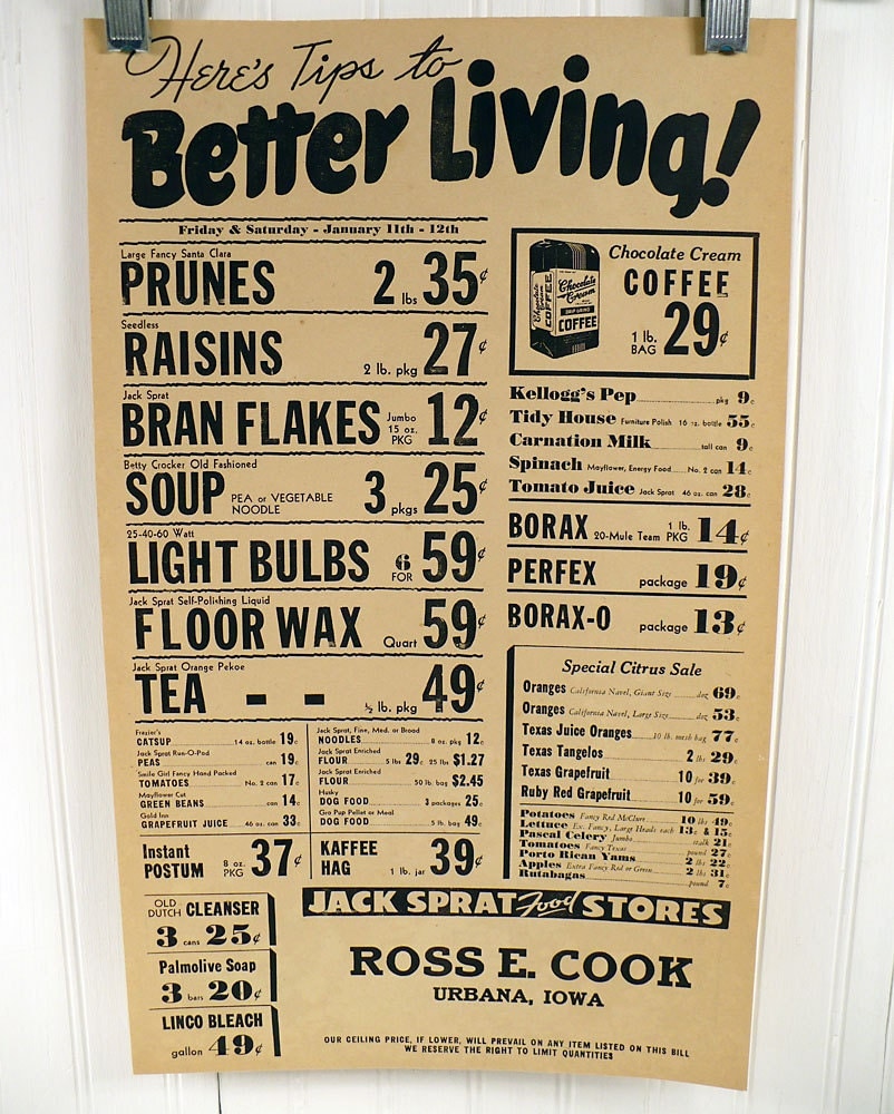 Vintage Grocery Store Poster 1940s Sale Specials Tips To | Etsy