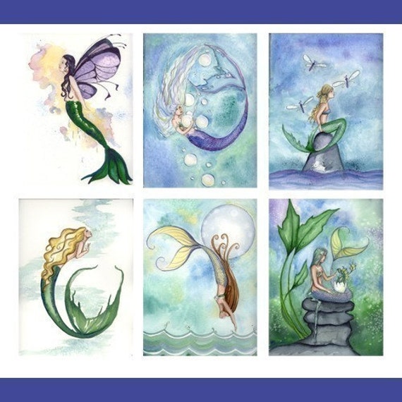 Six MERMAID NOTE CARDS From original watercolors by Camille