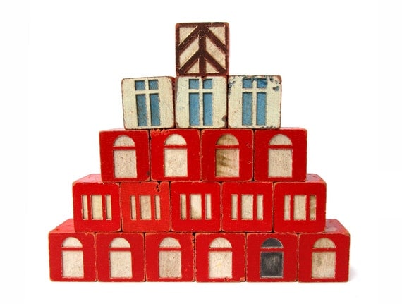 Vintage Wooden BUILDING Blocks Set of 19 Blocks