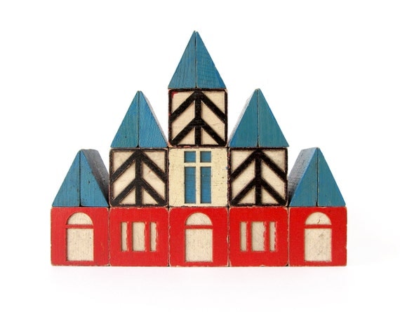 Village Wooden BUILDING Blocks Set of 19 Vintage Blocks