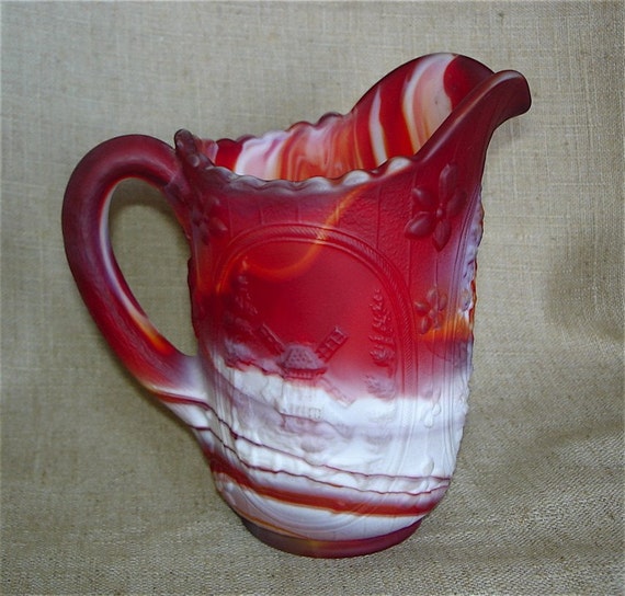 Vintage Ruby Red Satin Slag Glass Imperial Windmill Pitcher