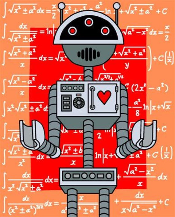 Items similar to Nerdy Robot Print with math formulas in background on Etsy