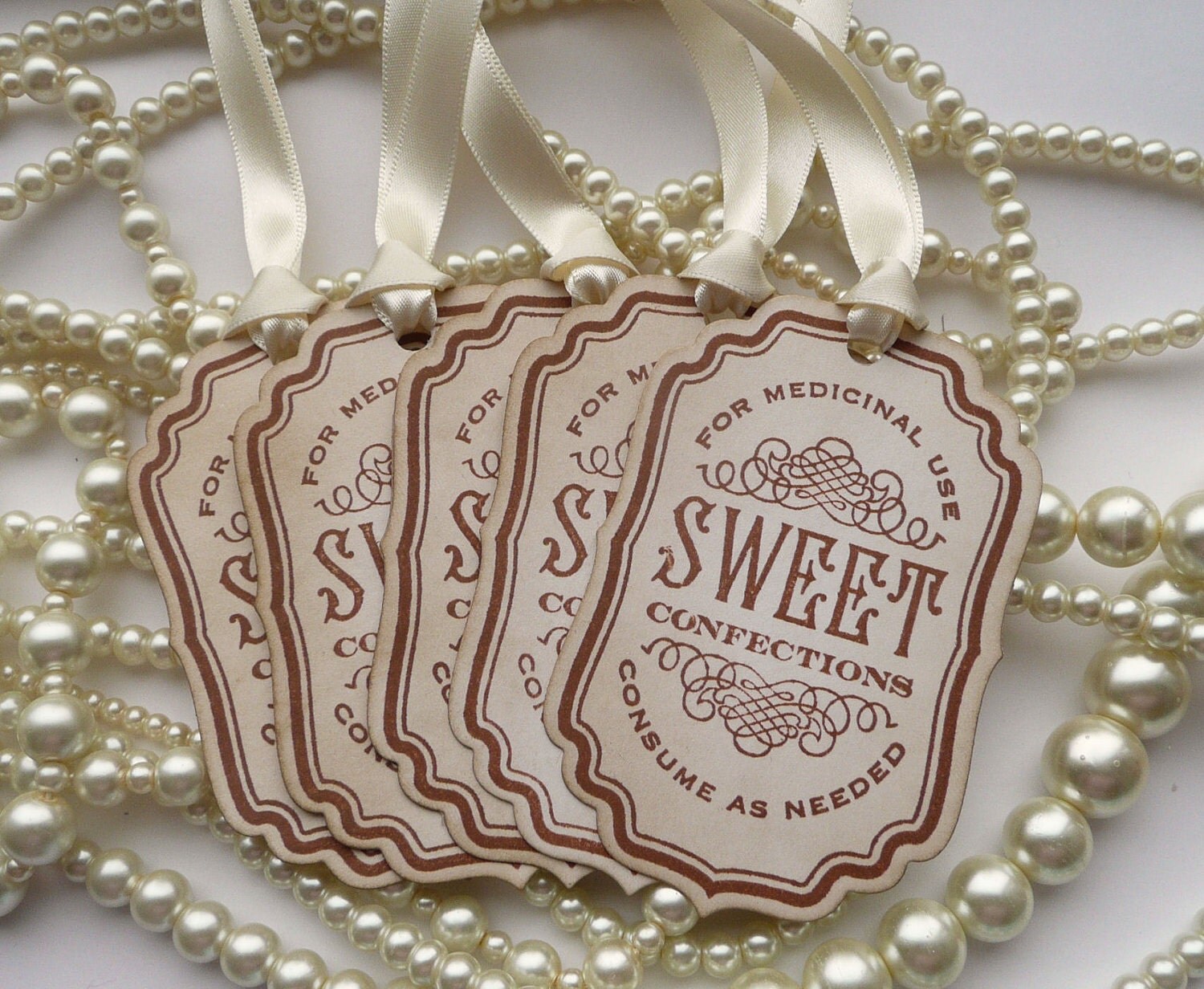 Candy Sweet Labels Vintage Inspired with Cream Satin Ribbon