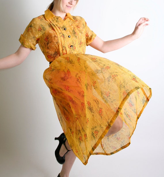 Vintage Marigold Sheer Floral Mode O Day Button Day Dress by zwzzy
