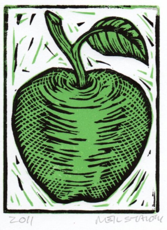 Items similar to Green Apple Linocut Original Art Print on Etsy