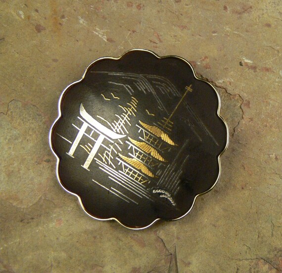 Vintage Japanese Amita Damascene 24K Gold Inlay on Steel Pin