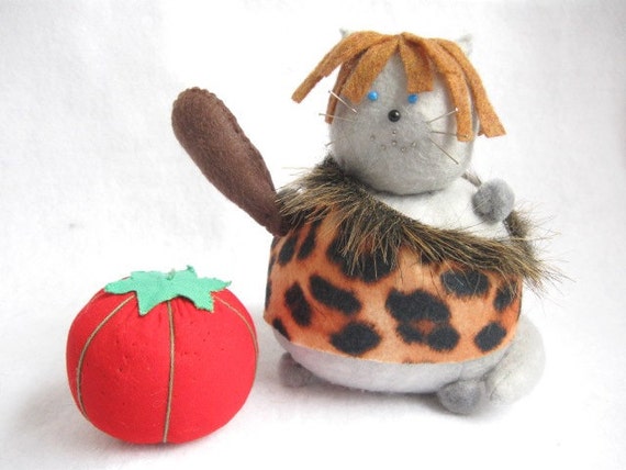 Caveman cat Cat pin cushion Cute caveman Cute felt kitty