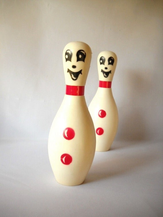 vintage bowling pin bank figurine piggy bank set retro kitschy