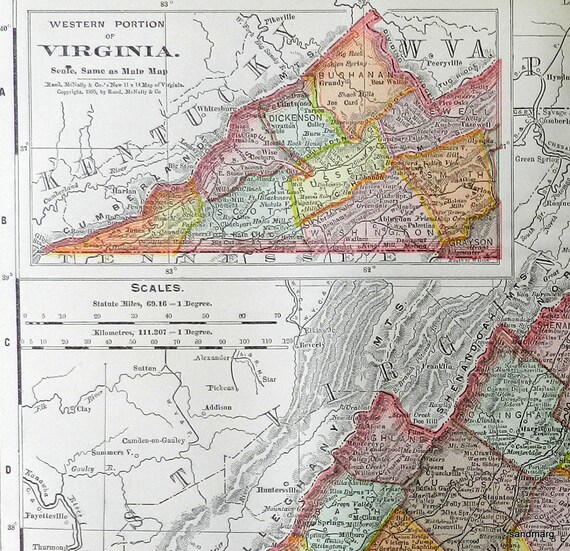 1897 Original Victorian Antique Color Map of Virginia and