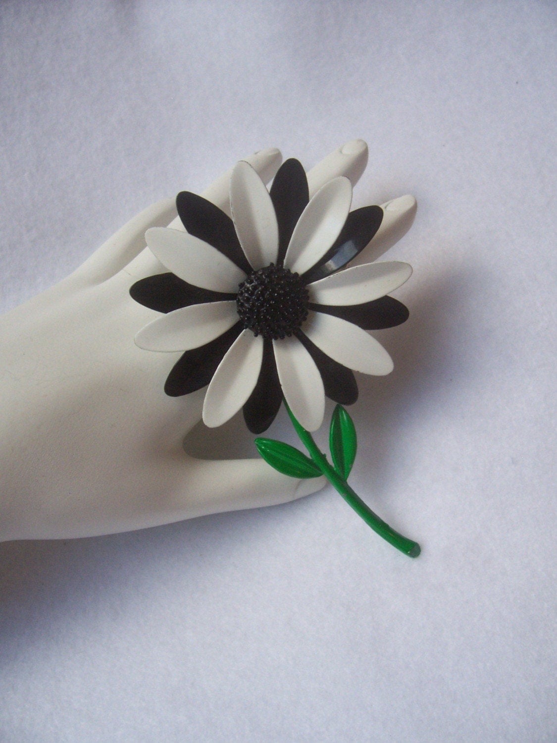Vintage Enamel Flower Brooch Pin Black and White Petals Green Enamel ...