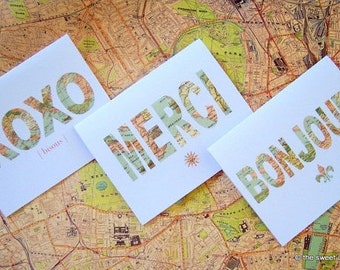 French Vintage Map Blank Greeting Cards Note Cards