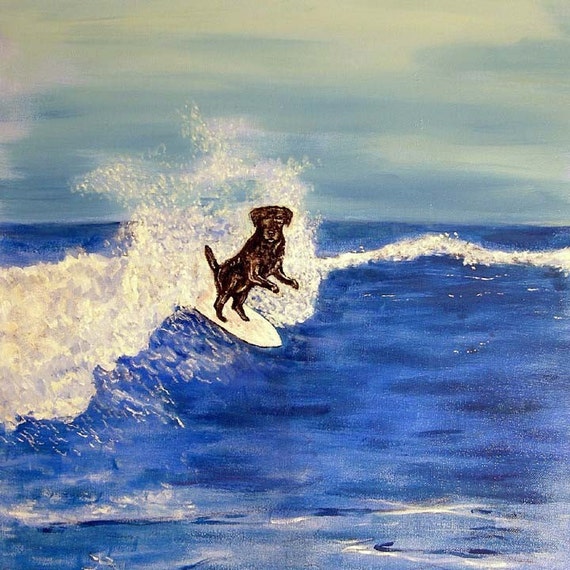 BLack Lab Labrador Retriever Surfing Dog Art TIle Coaster Gift