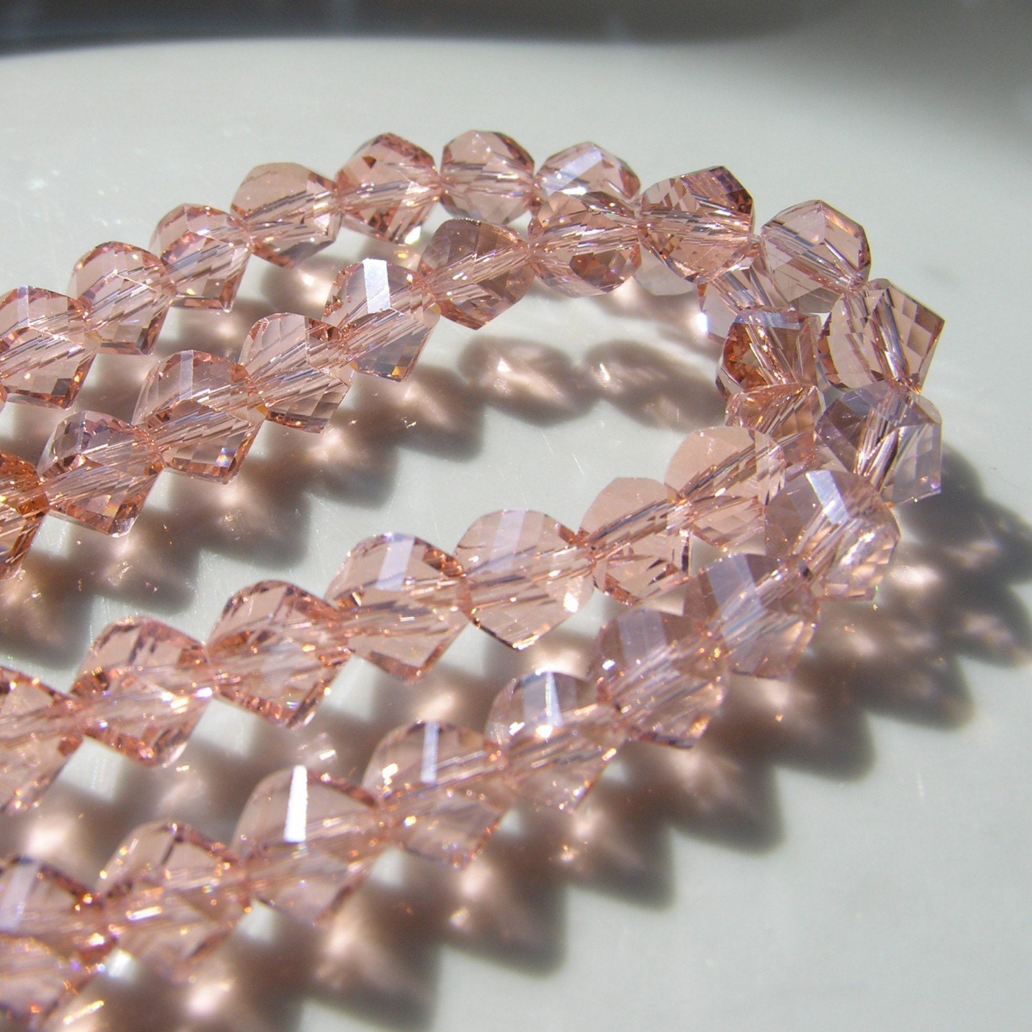 Pale Peach Pink Spiral Faceted Crystal Round Beads 10