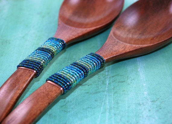 Bamboo Serving Spoons Beaded In Green With Copper Wire GREEN