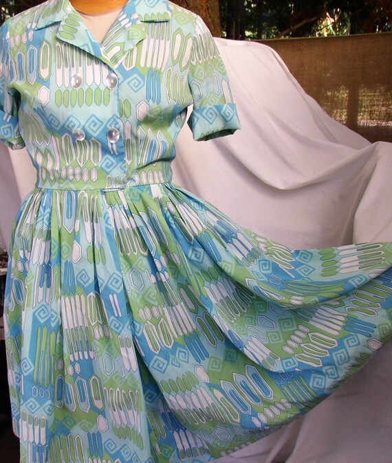 VINTAGE DRESS FROCK 1960's blues greens rayon crepe