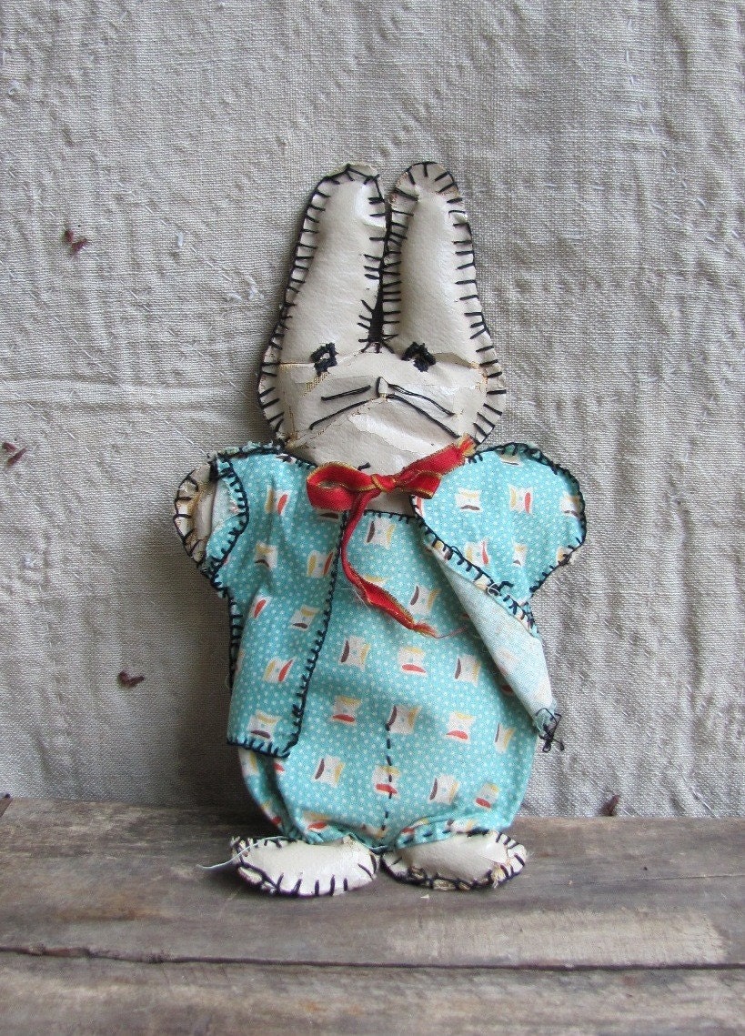 MISTER HARE Antique Handmade Rabbit Bunny Doll Oilcloth