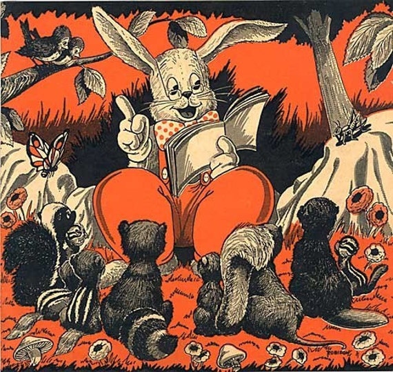 1940s Uncle Funny Bunny Reading to the Animal Children Print
