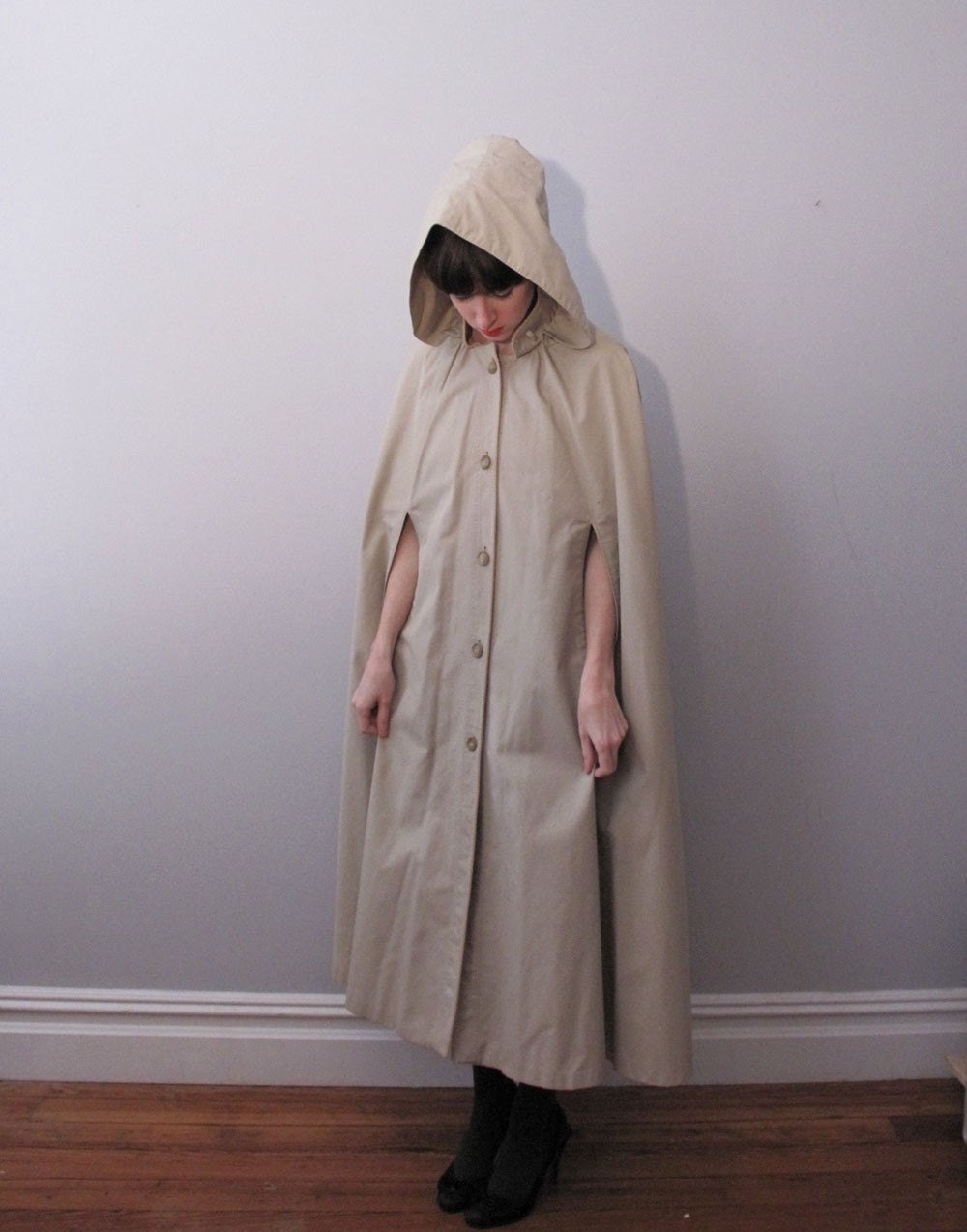 vintage TAN trench CAPE coat w/ hood