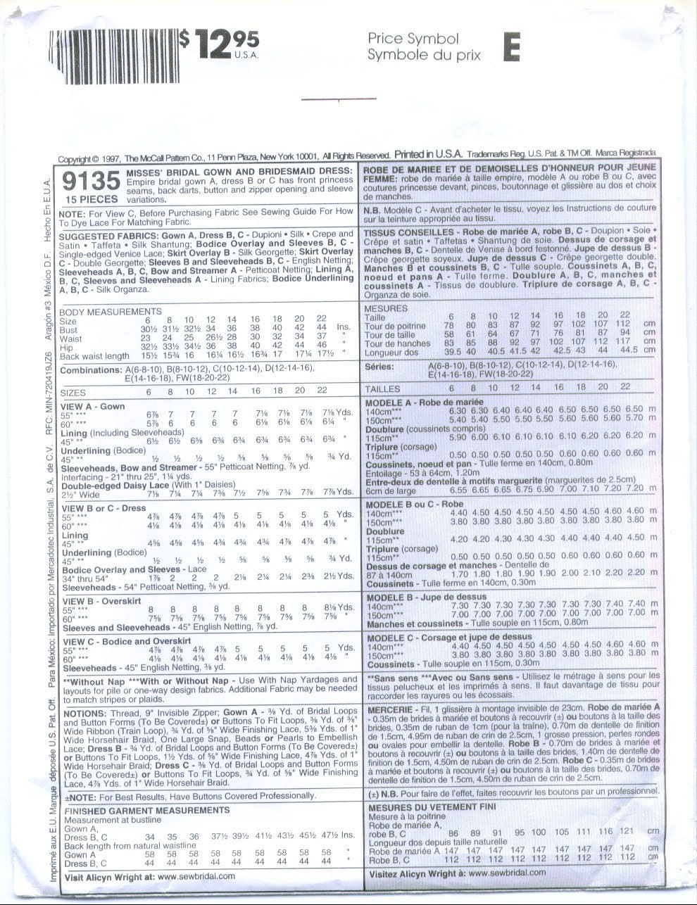 McCall's 9135 Alicyn Wedding Dress Sewing Pattern Size 6 8