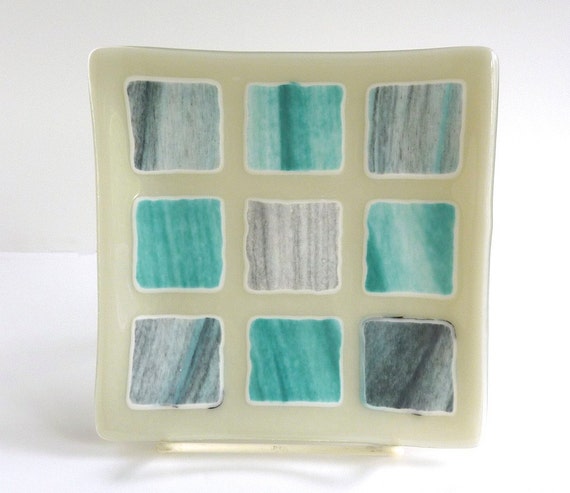 Fused Glass Art Plate In Shades Of Aqua And Gray