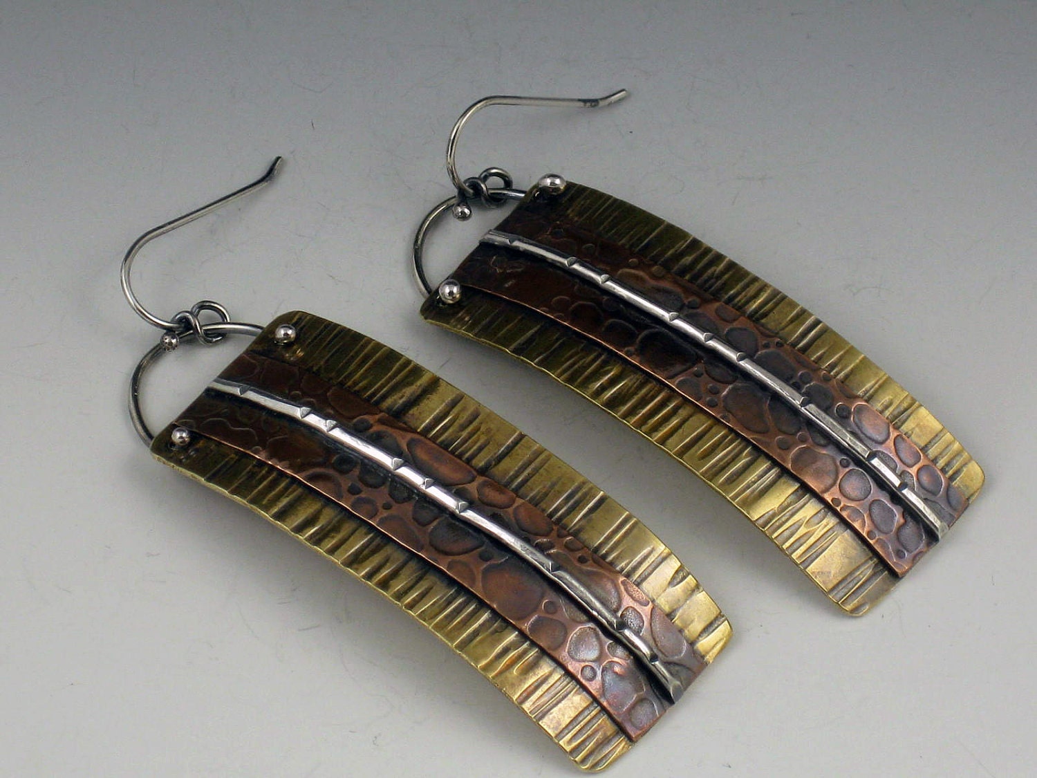 Long Mixed Metal Earrings brass copper by MicheleGradyDesigns