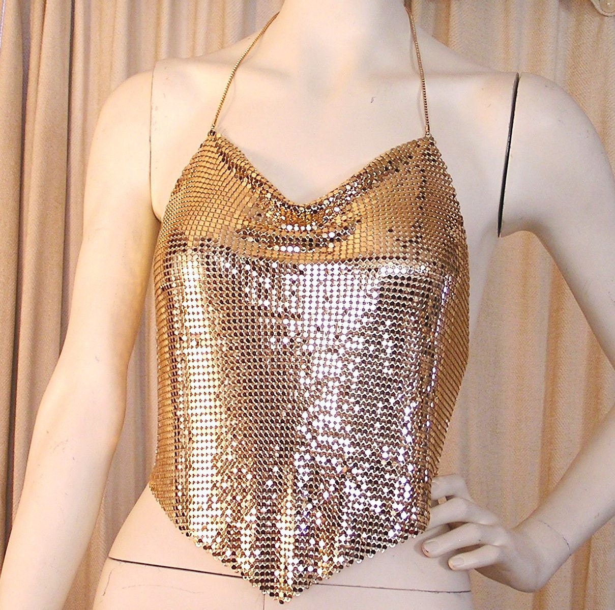 Gold Metal Mesh Disco Halter Top. 1970s to 1980s.