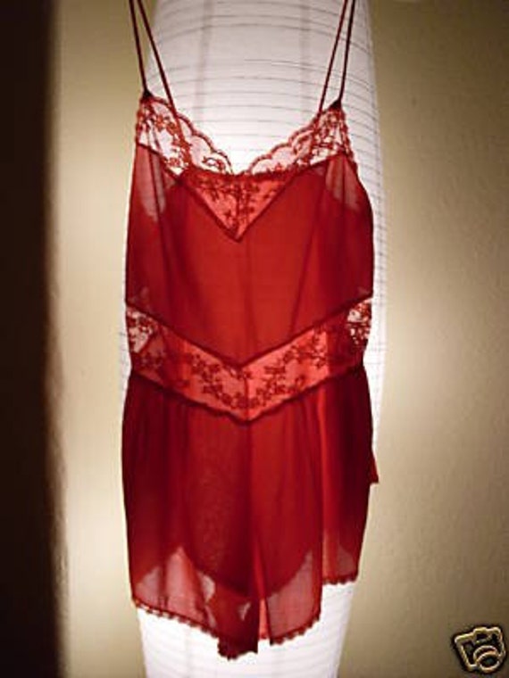 Sexy Candy Apple Red Sheer Lace Teddy Lingerie Vintage
