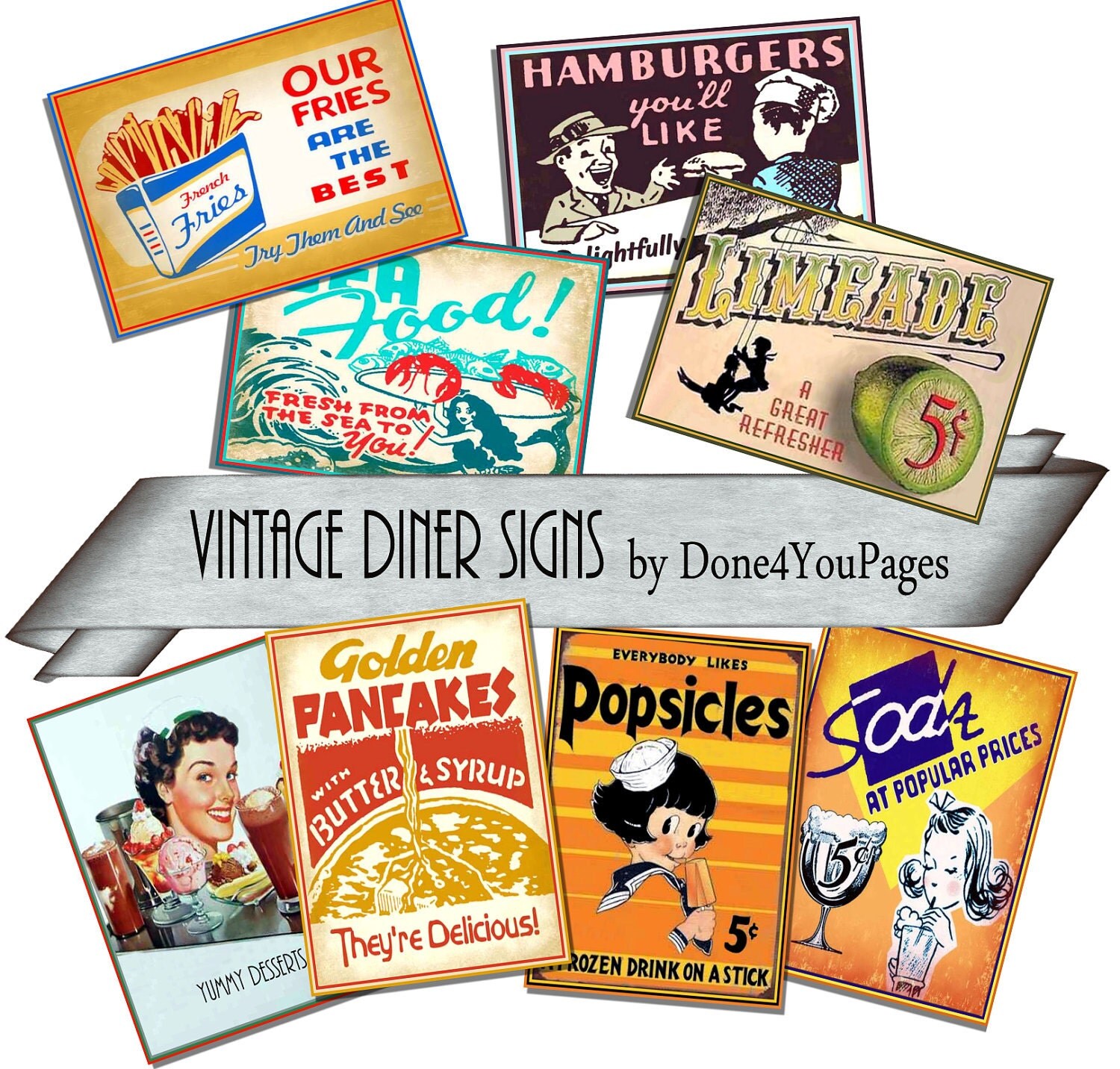 Vintage Diner Signs Digital Image Sheet INSTANT Printable