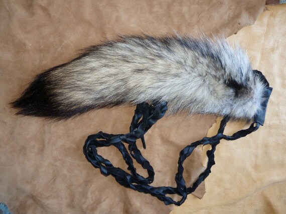 Grey timber wolf real fur totem dance tail with dark tip on