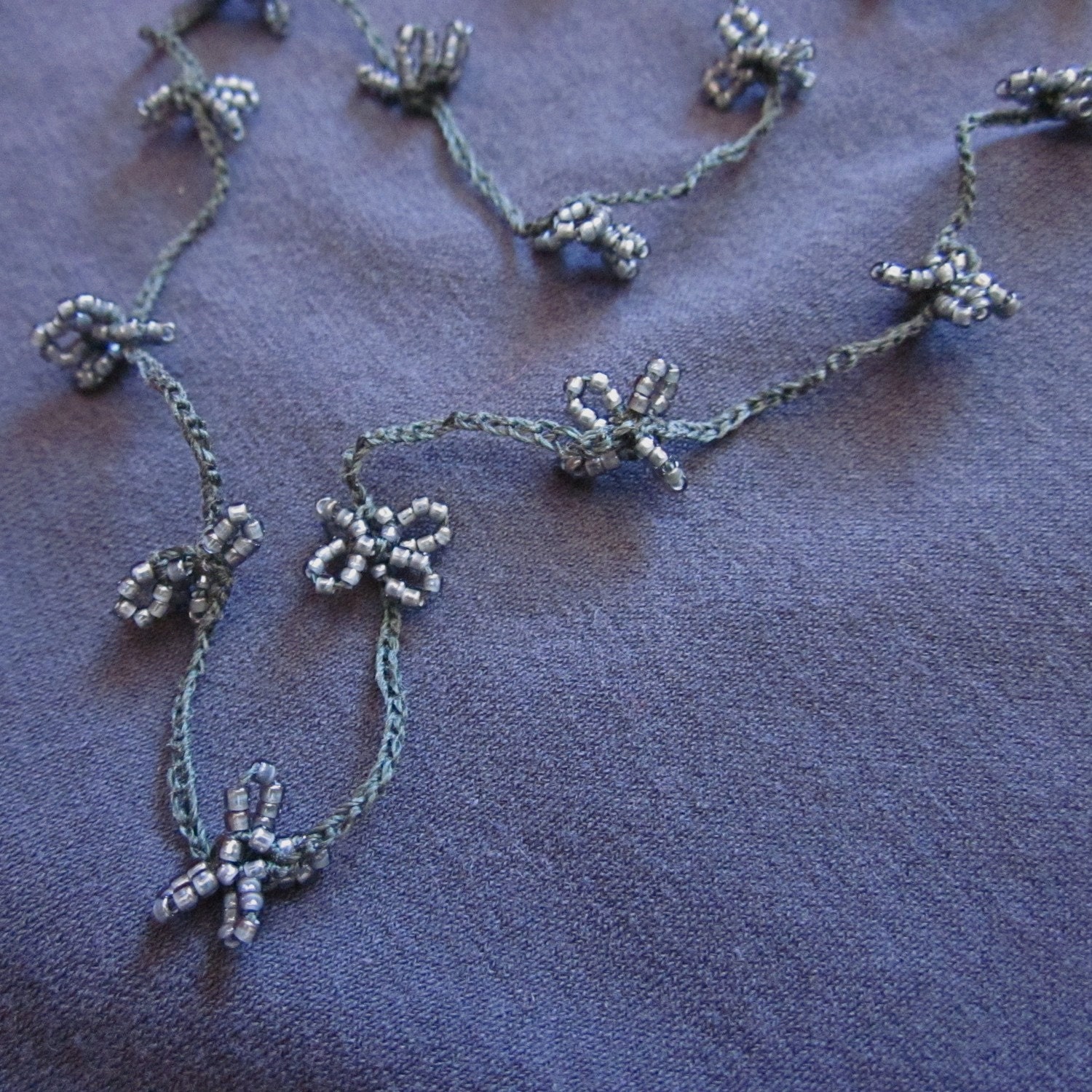 Daisy Chain beaded crocheted necklace in shimmery gray by TrueJune