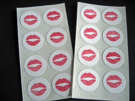 Kissy Lip Valentine Stickers - 1 inch Round, Red, Handmade, Smooch, Set ...