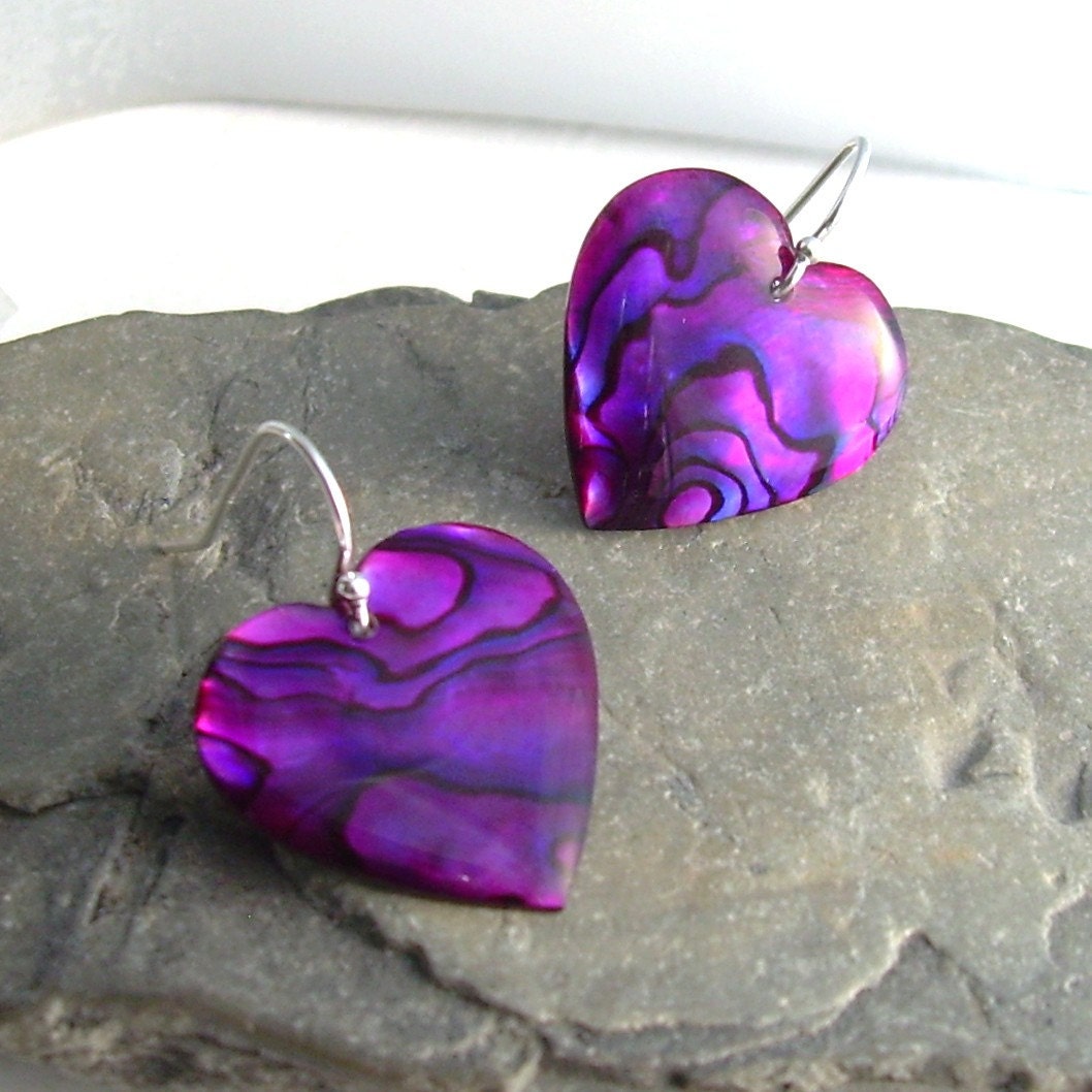 Purple Abalone Earrings Paua Shell Heart Jewelry Valentine