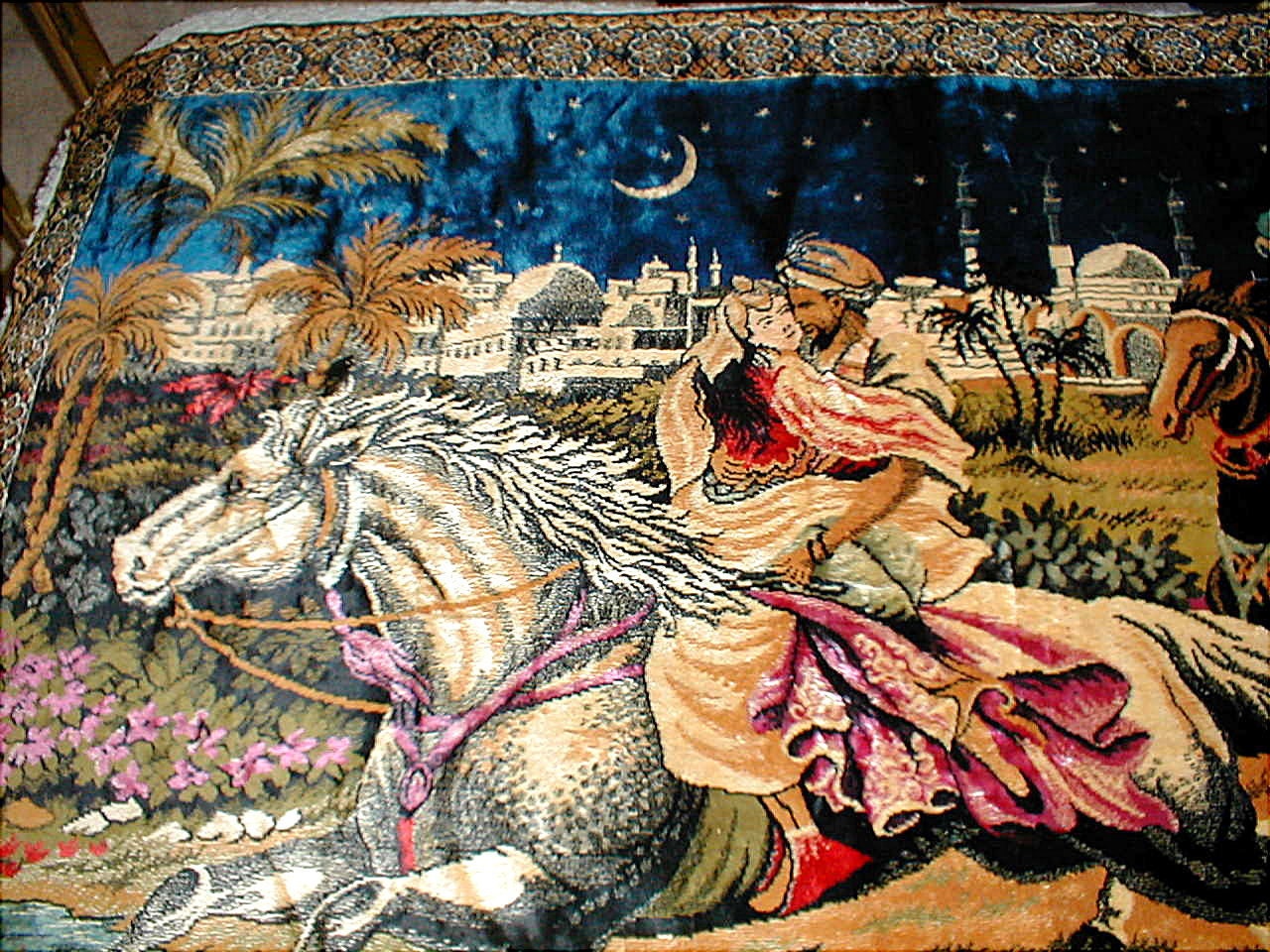 Vintage Large Tapestry 72 x 48 Arabian Knight with Woman On