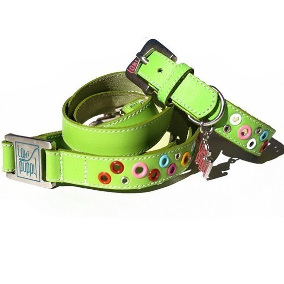 Loki Puppy Leather Dog Collar and Leash Set Key Lime Green