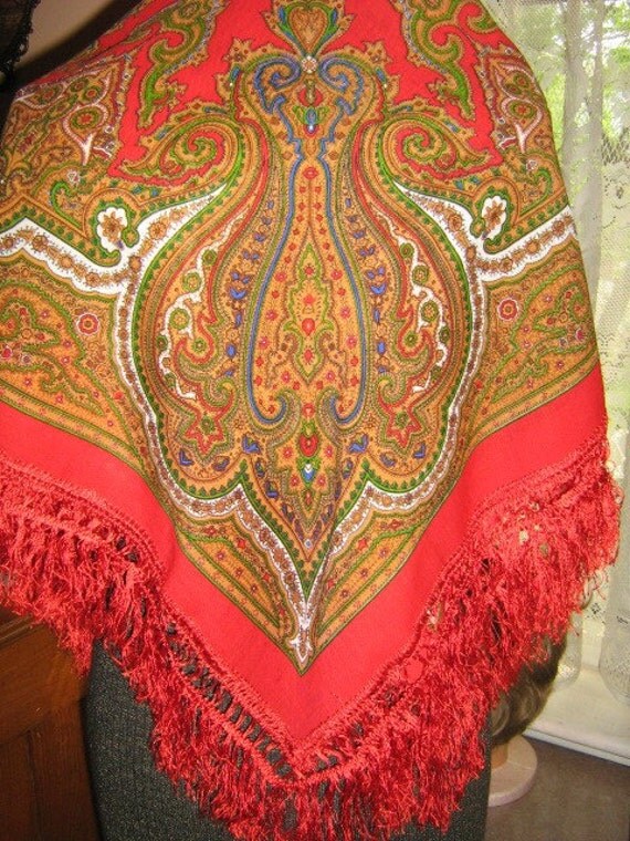 Red Paisley Vintage Wool Scarf Table Decor With Fringe
