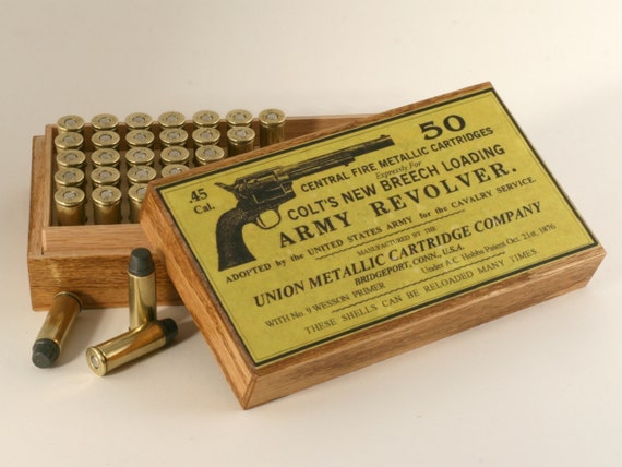 Oak cartridge box for .45 Colt with reproduction label