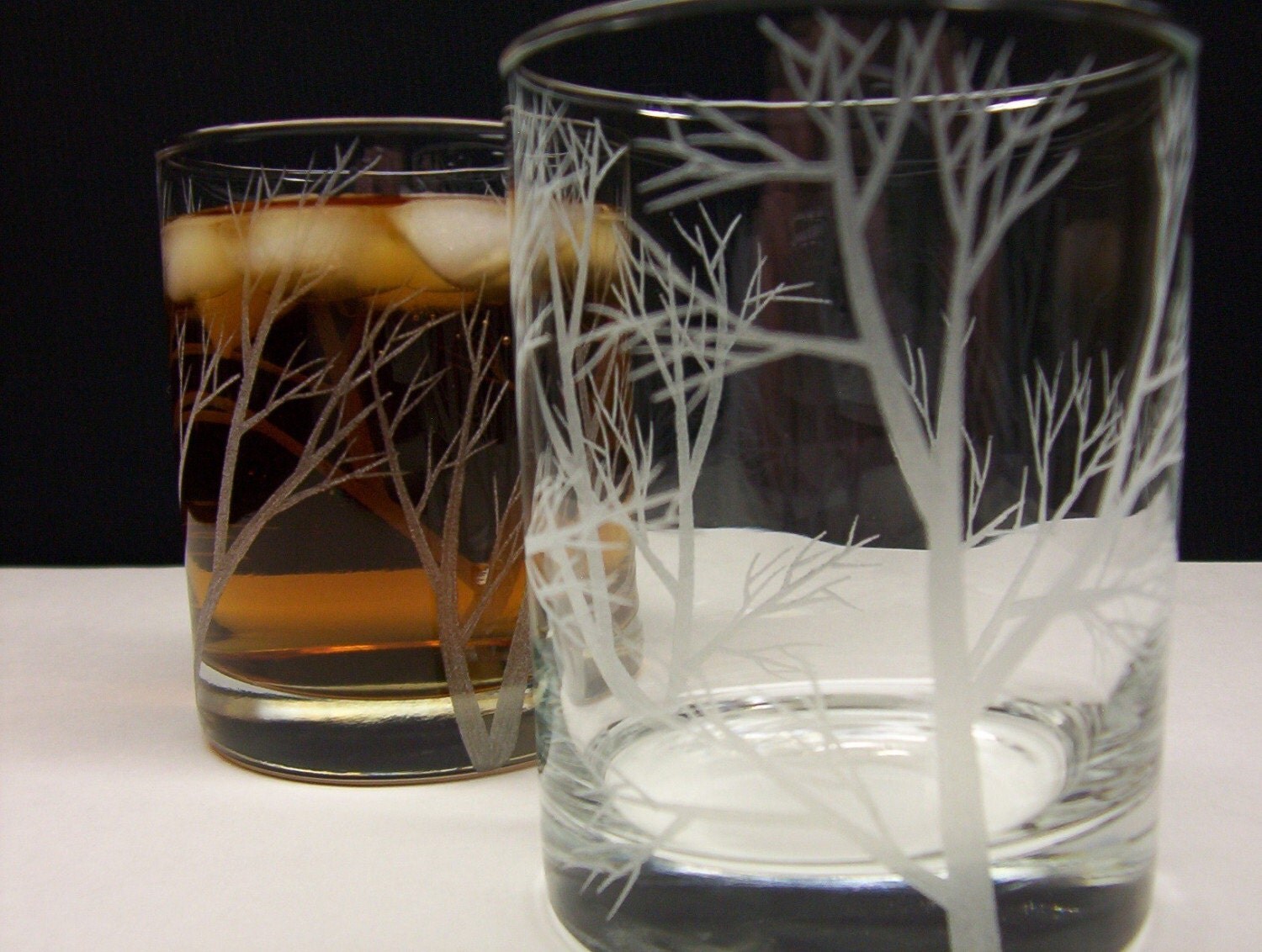 2 Double Old Fashioned Drinking Glasses . Hand Engraved With