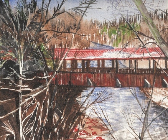 Covered Bridge Watercolor Painting on Paper Orginal Artwork