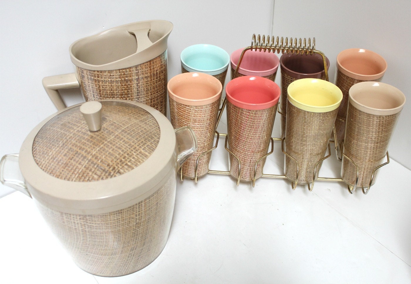 Raffiaware 8 Glasses Pitcher Ice Bucket Set Burlap Look with