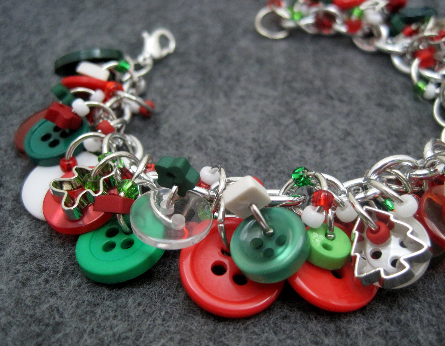 Button Charm Bracelet / Silver Charms Christmas Jewelry / Fun