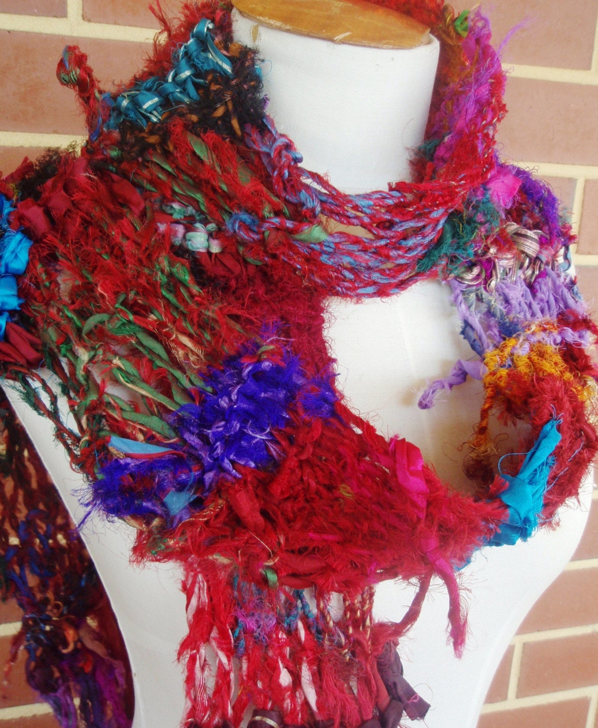Recycled Sari Silk Ribbon Hand Knitted Rainbow Scarf