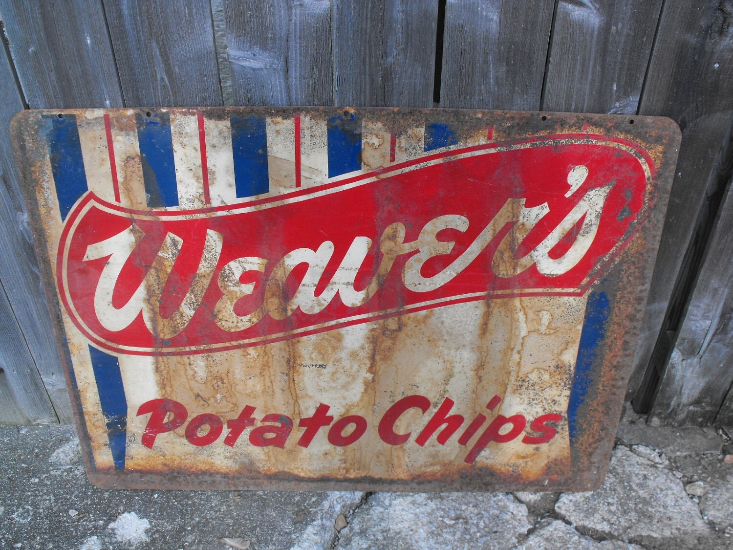 VINTAGE Metal WEAVERS Potato Chip ROAD Sign Double Sided
