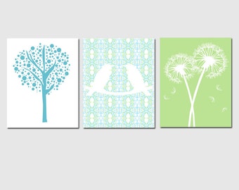Navy Blue Lime Green Puppy Dog Nursery Art Set of Four by Tessyla