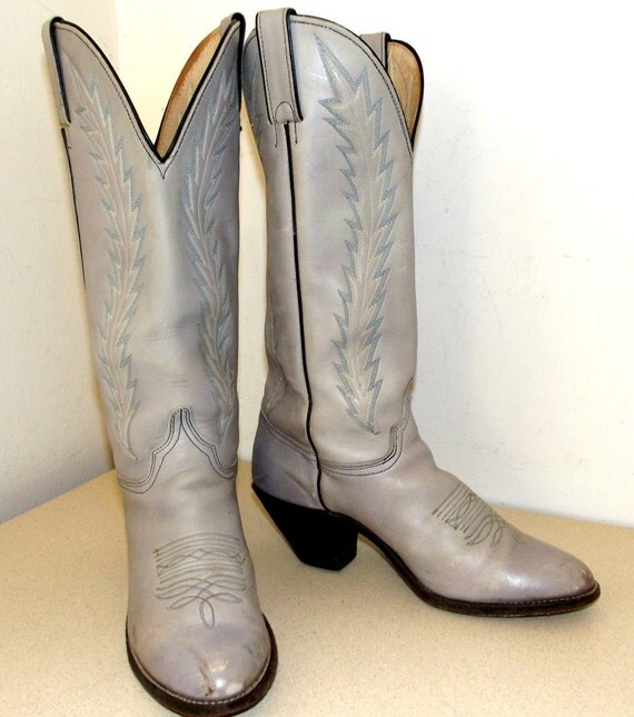 Vintage Light Grey Cowboy Boots with a blue by honeyblossomstudio
