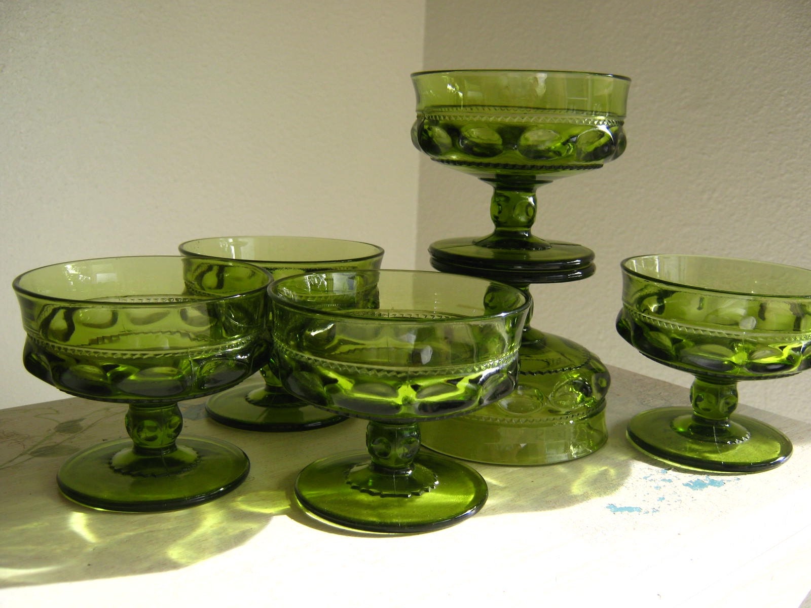 Six Vintage Avocado Green Indiana Glass Sherberts