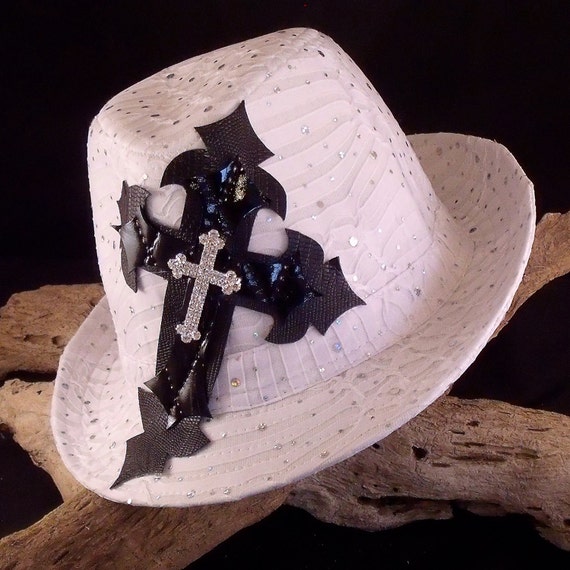 Items similar to White Fedora with Leather Crosses and Rhinestones on Etsy